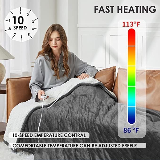 BOMOVA Queen Size Electric Heated Blanket, 84" x 90", 10 Heat Levels, 8H Auto-Off, Dual Controls, Sherpa, Fast Heating