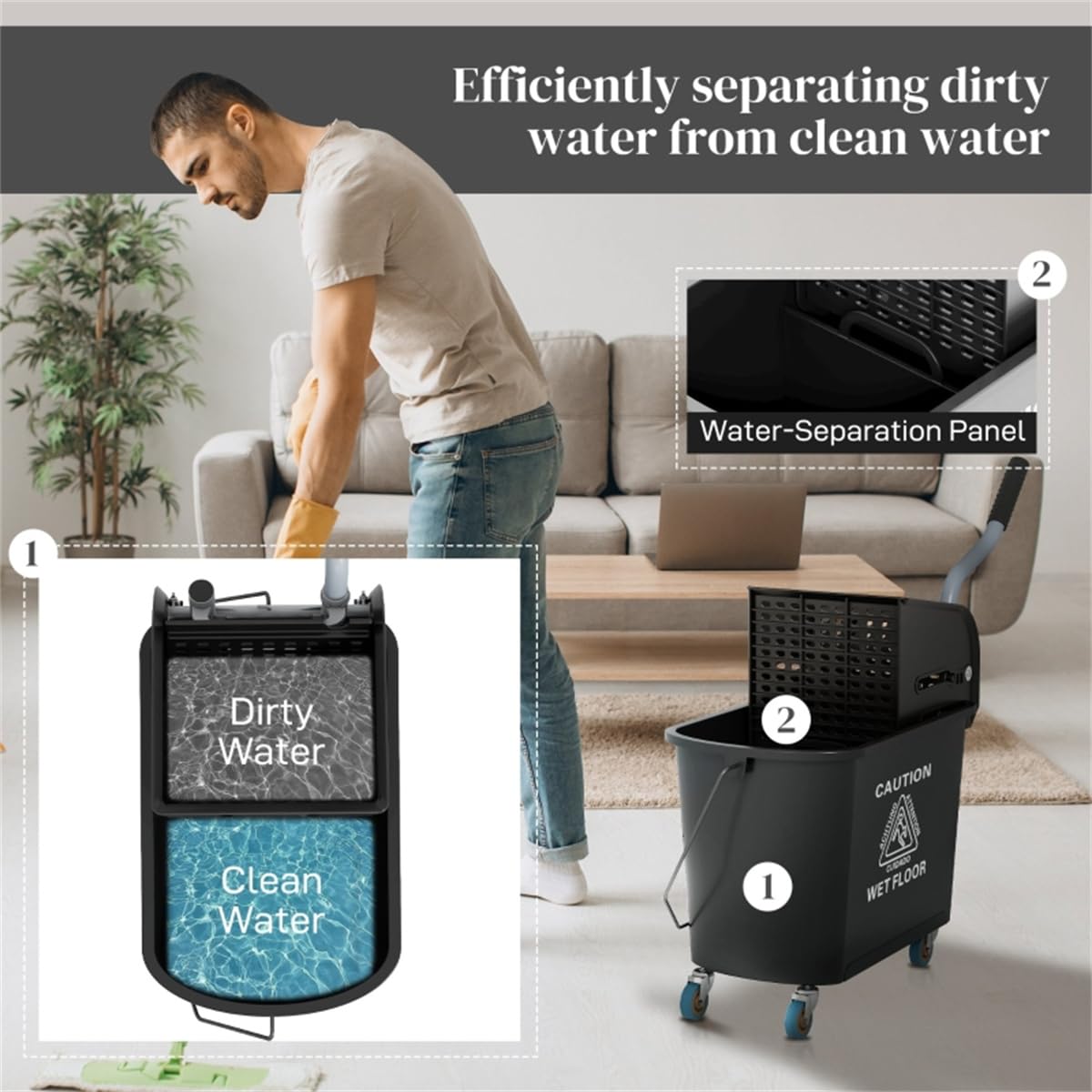 Commercial Mop Bucket with Wringer on Wheels, 21 quart Plastic Tandem Mopping Bucket Dirty Water Separator for Home Office Floor Cleaning