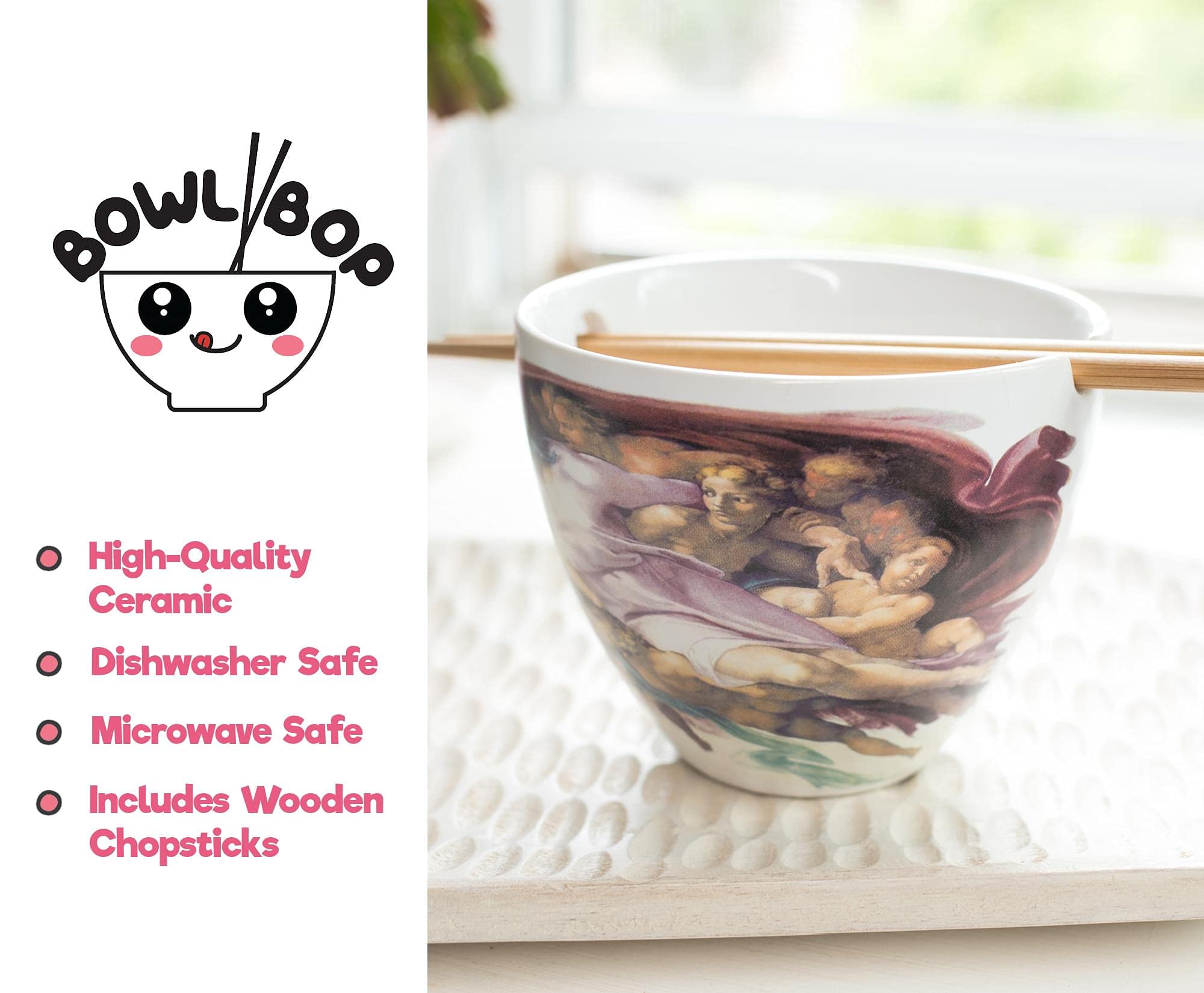 Bowl Bop Sistine Chapel Japanese Ceramic Dinnerware Set | Includes 16-Ounce Ramen Noodle Bowl and Wooden Chopsticks | Asian Food Dish Set For Home & Kitchen | Funny Religious Gifts, Snack Collectible