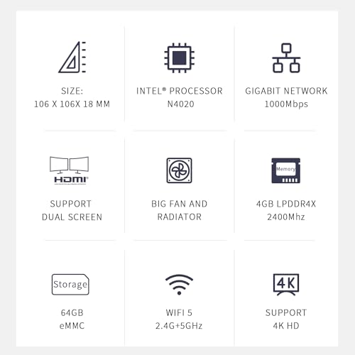 Beelink T5 Mini pc Celeron N4020(4M Cache,up to 2.8GHz), 4G DDR+64G eMMC, 2.4G/5GWiFi, Mini Computer Supports 4K Dual HDMI/4*USB3.0/BT5.0，Gigabit Network