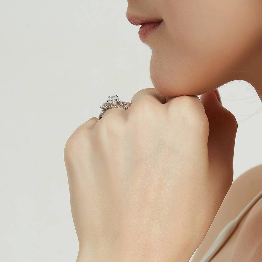 BERRICLE Sterling Silver 3-Stone Wedding Engagement Rings Oval Cut Cubic Zirconia CZ Cable Ring for Women, Rhodium Plated Size 7