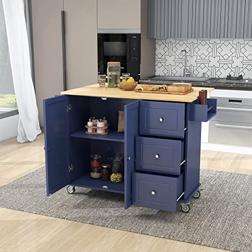 FEELLE Rolling Mobile Kitchen Island with Drop Leaf - Solid Wood Top, Locking Wheels & Storage Cabinet 52.7 Inch Width(Dark Blue)