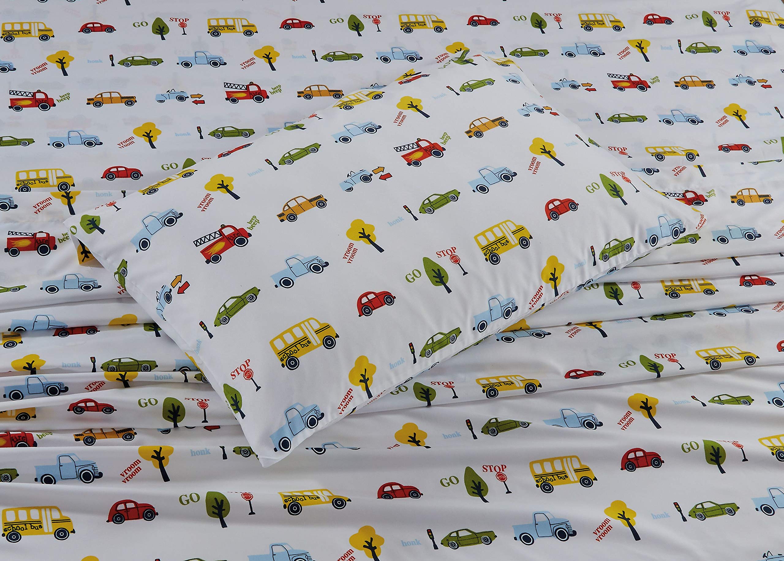 Better Home Style Cars Fire Trucks School Buses Traffic Signs Trees Multicolor Fun Design for Kids/Boys 3 Piece Sheet Set with Pillowcase Flat and Fitted Sheets # School Bus (Twin)