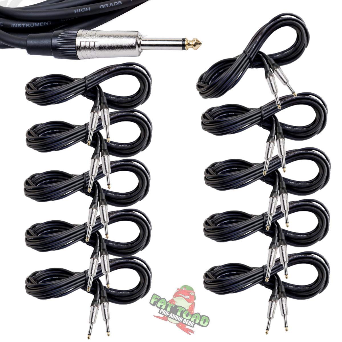 Guitar Cables (10 Pack) Instrument Cord by FAT TOAD | 24 AWG Patch Conductor for Electric Guitar, Bass, Amplifier, Speaker, Keyboard & Recording Studio | Shielded 20FT 1/4 Inch Gold Straight-End Wires