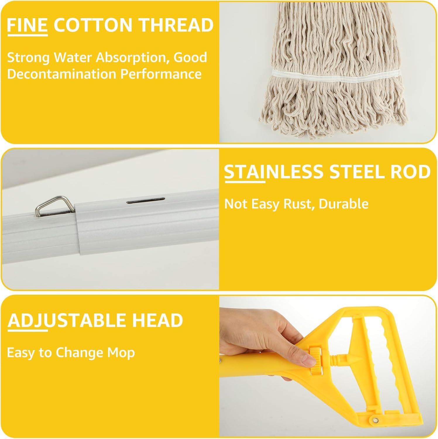 Commercial Mop, String Mops for Floor Cleaning Heavy Duty Industrial Mop with Long Handle, Looped-End String Cotton Wet Mop for All Home/Garage/Office/Workshop/Warehouse Floors