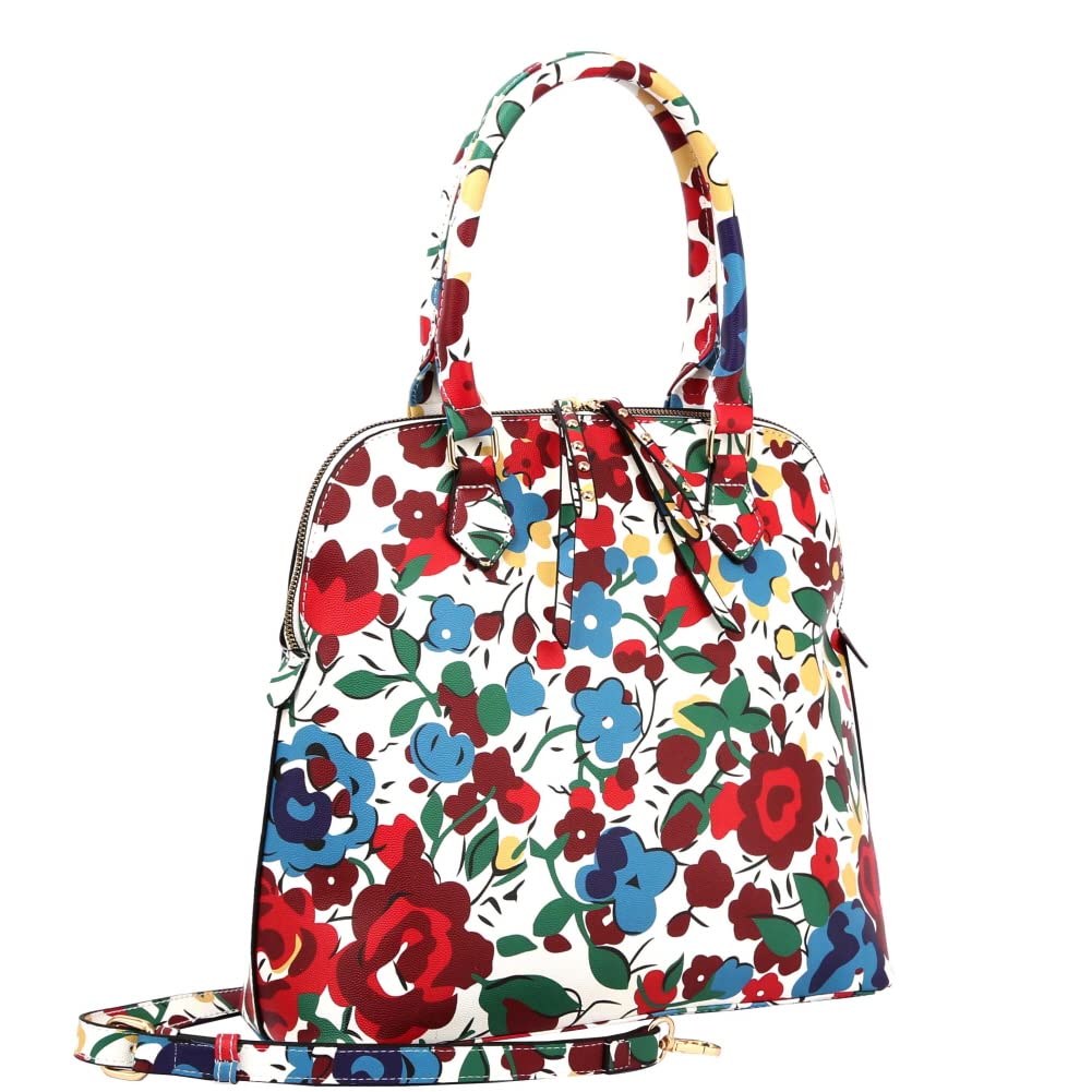 Boho Flower Print Vegan Leather Large Tall Dome Satchel Handbag Wallet Set (Flower Print - Blush)