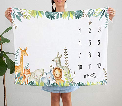 Popfavors, Yuzioey Safari Baby Monthly Milestone Blanket, Jungle Animals Baby Month Blanket , Baby Boy Blanket Growth Chart Nursery Decor, Includes Marker, White, 50Inx40In