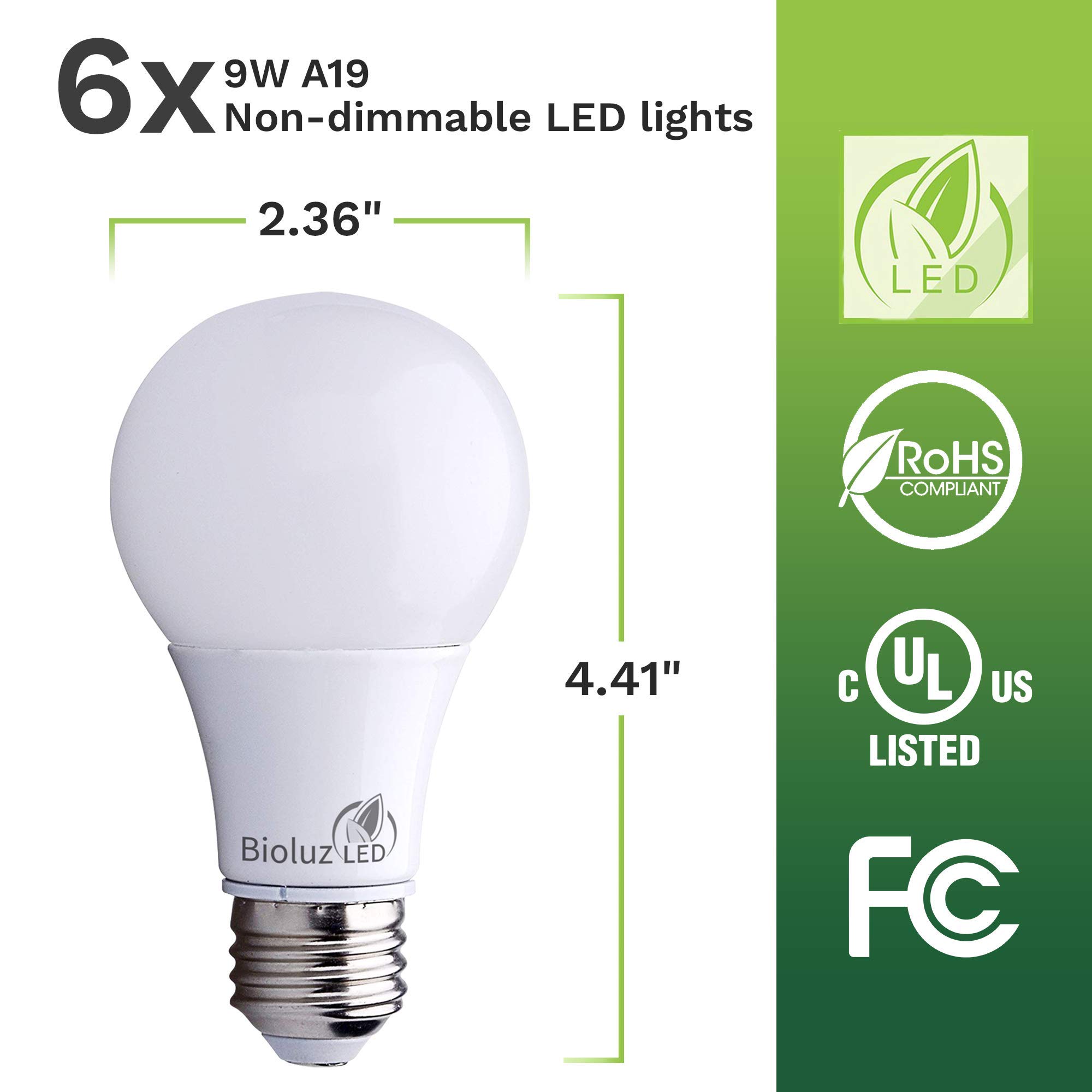Bioluz LED 60 Watt LED Light Bulbs 4000K Cool White 9 Watts = 60W Non-Dimmable A19 LED Light Bulbs 6 Pack