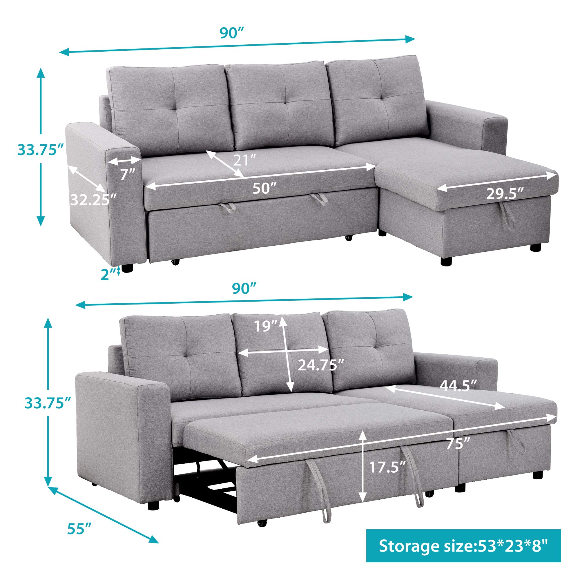 Longrune Reversible Sectional Sofa Bed with Pull Out Sleeper, Corner Storage Chaise Couch for Living Room & Apartment, L-Shaped, 90inch, Gray