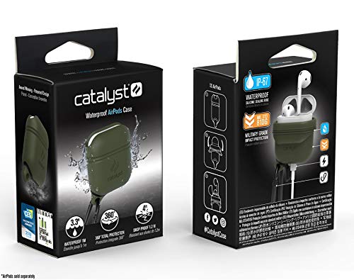 Waterproof Airpods Case 2 & 1 Cover by Catalyst, Shockproof and Drop Proof air pods Protective Cover Soft Skin, Carabiner, Silicone Sealing, Compatible Wireless Charging - Army Green