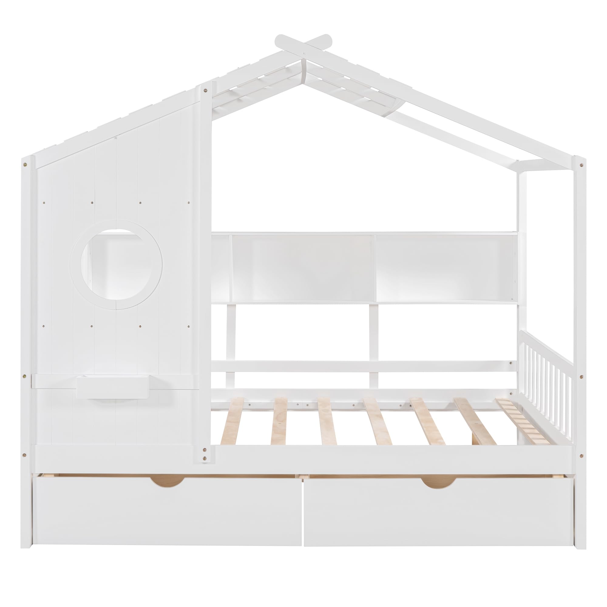 Merax Wood Full House Daybed with Drawers & Storage Shelves,Day Bed for Kids Boys Girls No Box Spring Needed White