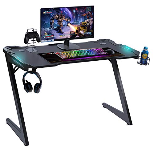 Bowthy Gaming Desk with Led Lights 47inch Carbon Fiber Gamer Desk for PC 17β Z-Shaped Gaming Table for Home Office Game Desk with Free Mouse, Pad Holder for Controller, Headphone&Drink Black