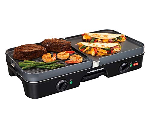 Hamilton Beach 3-in-1 Electric Indoor Grill + Griddle, 8-Serving, Reversible Nonstick Plates, Black & Durathon Ceramic Electric Skillet with Removable 12x15β Pan, Adjustable Temperature