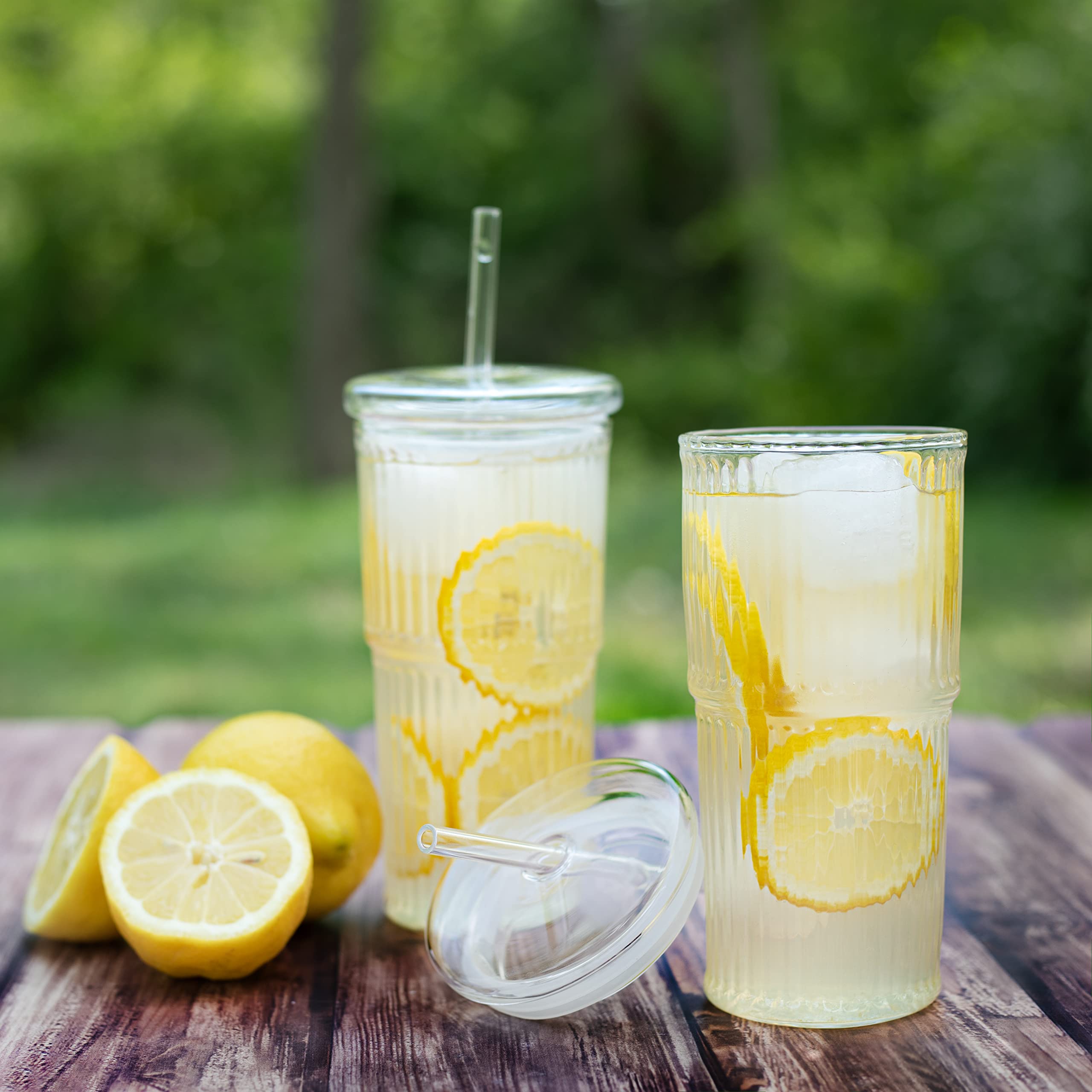 Birchland All Glass Iced Coffee Cup with Lid and Straw, Ribbed Glass Tumbler Set of 2 (18 oz)