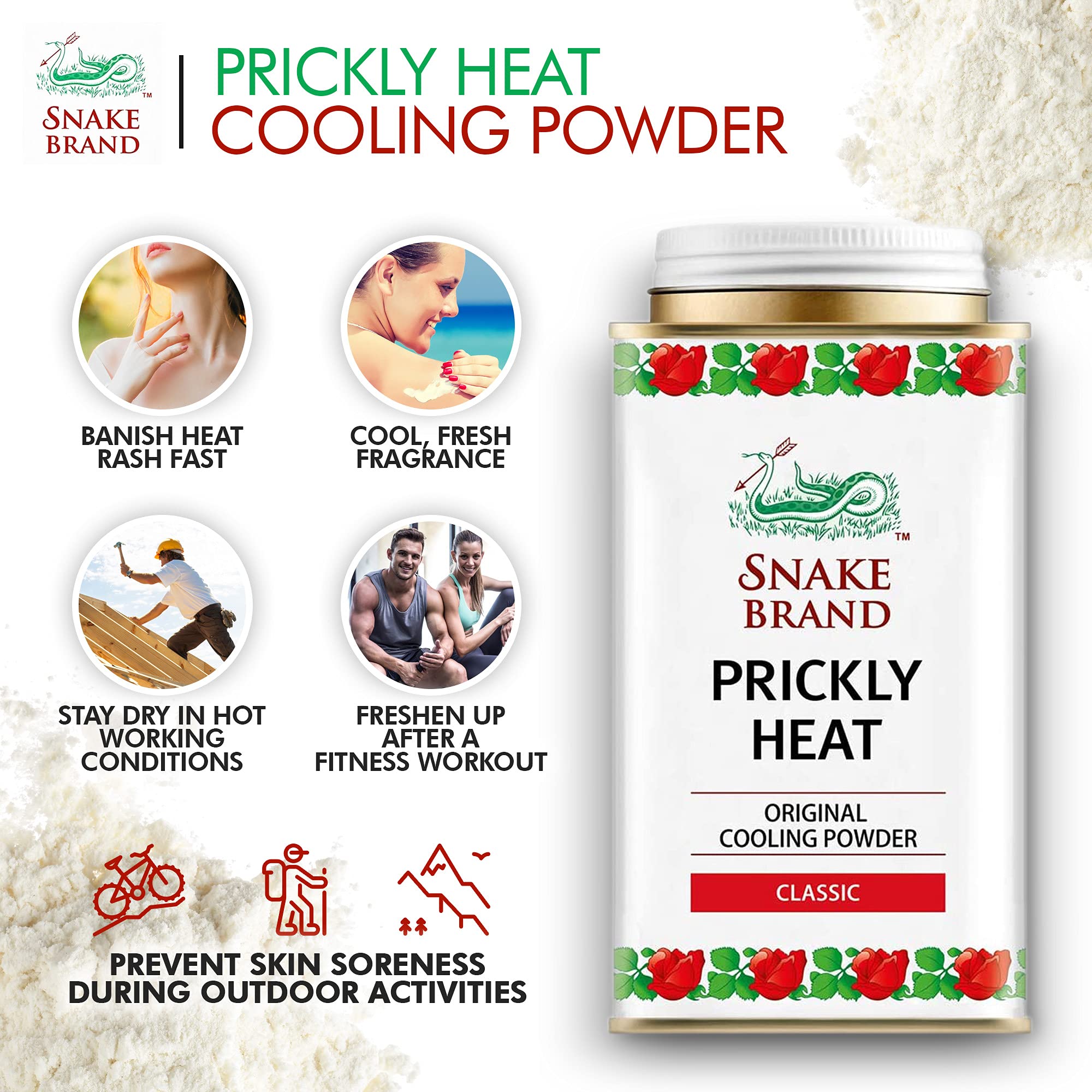 Snake Brand Prickly Heat Cooling Powder for Everyday Use - Anti-Chafing, Heat Rash Relief, Absorbs Sweat, Classic Original Scent (4.9 Oz / 140g)