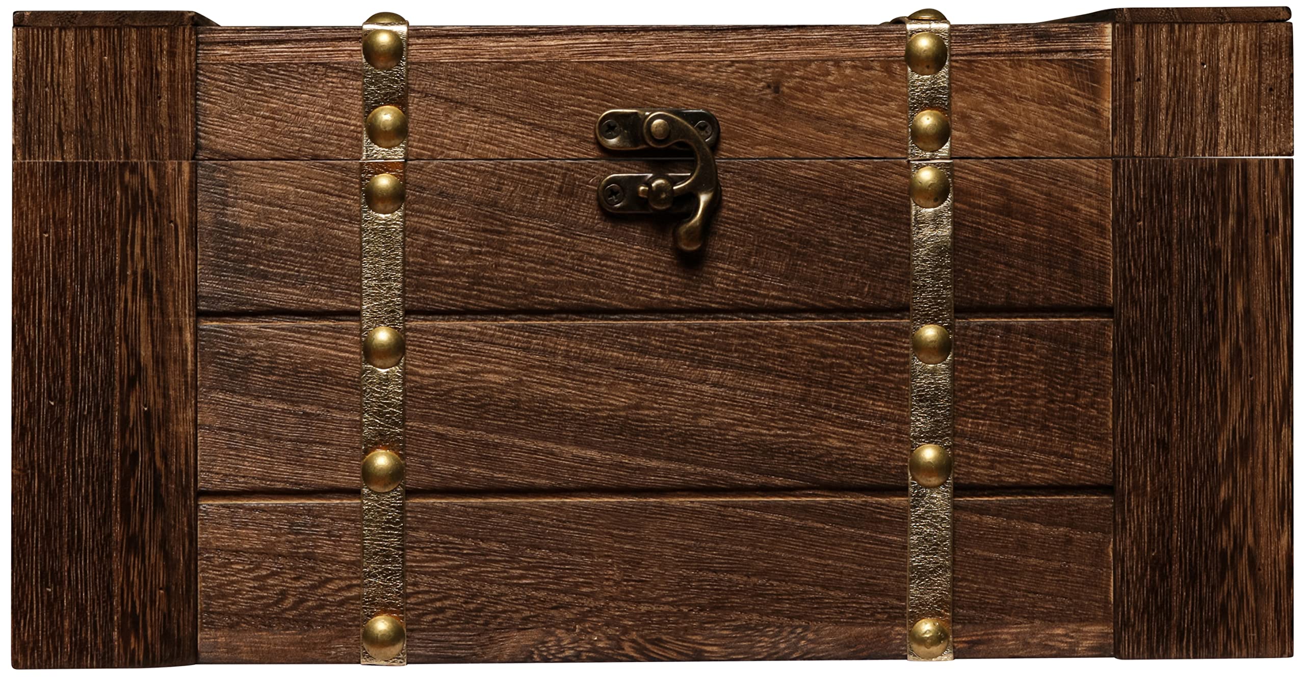 Wood and Leather Treasure Chest with Latch, Storage, Gift, Decoration, Pirate Chest, Vintage Handmade Craft Box for Jewelry, Tarot cards, and Home Decorations (Brown and Gold 11 x 7 x 5.8 Inches)