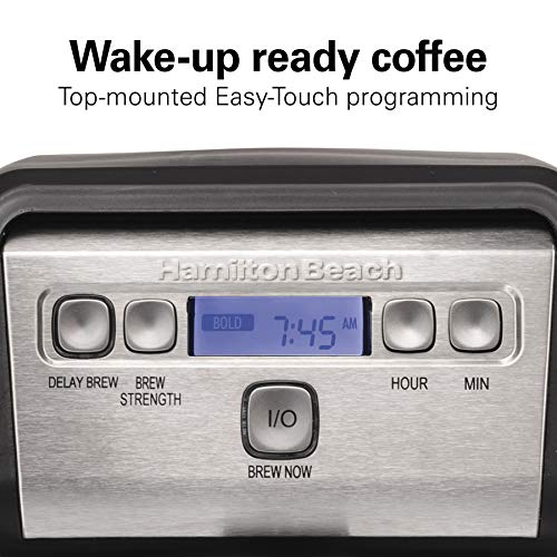 Hamilton Beach 12 Cup Compact Programmable Drip Coffee Maker with No-Drip Burosilicate Glass Carafe, 2-Hour Auto Shutoff, Space-Saving Design, Black with Stainless Steel Accents (46200)