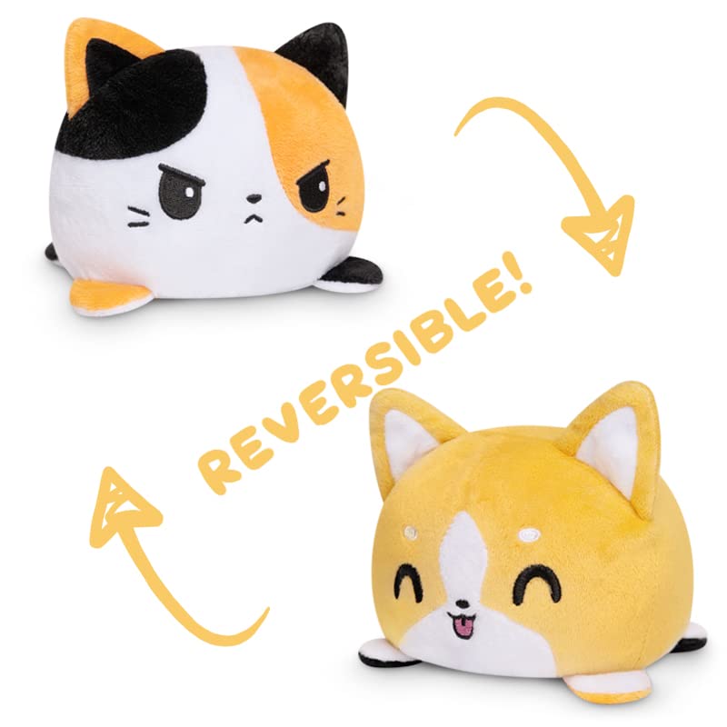 TeeTurtle - The Original Reversible Cat + Dog Plushie - Corgi + Calico - Cute Sensory Fidget Stuffed Animals That Show Your Mood