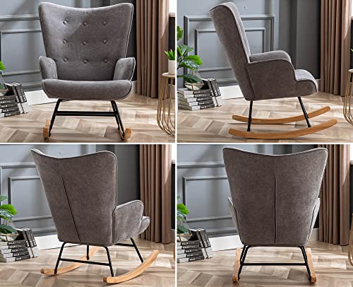VESCASA Linen Rocking Chair with Tufted Wingback,23.5" Wide Midcentury Modern Indoor Glider Rocker with Arms for Nursery/Reading/Living Room/Bedroom, Grey