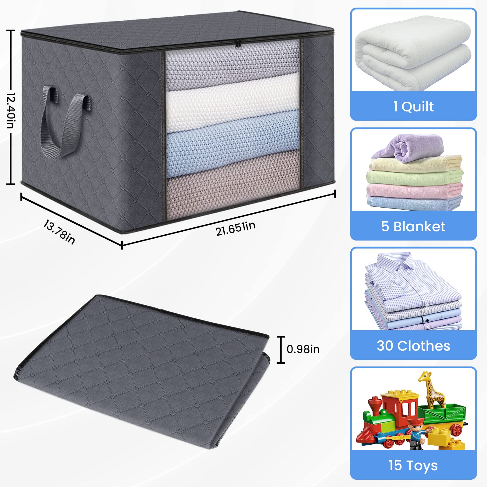 HomeHacks 3-Pack Clothes Storage,Foldable Blanket Storage Bags,Storage Containers for Organizing, Clothing, Bedroom, Comforter, Closet, Dorm, Sweater, Quilts, Organizer, Grey