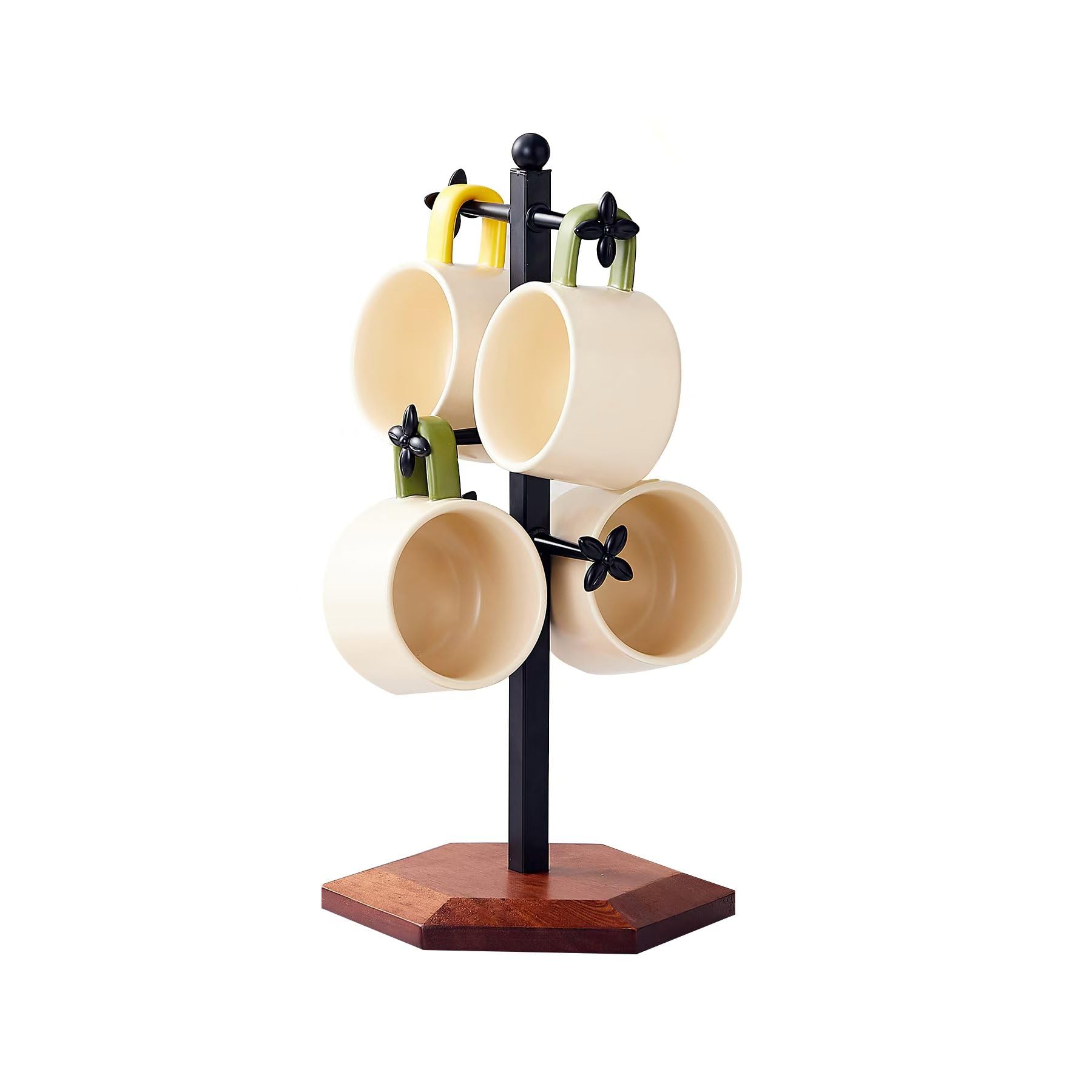 Coffee Mug Holder, Wooden Base Mug Tree for Counter, Unbreakable Metal Coffee Cup Holder with 6 Hooks, Non-Slip Coffee Mug Rack for Home Storage and Organizer, Coffee Mug Rack (Black)