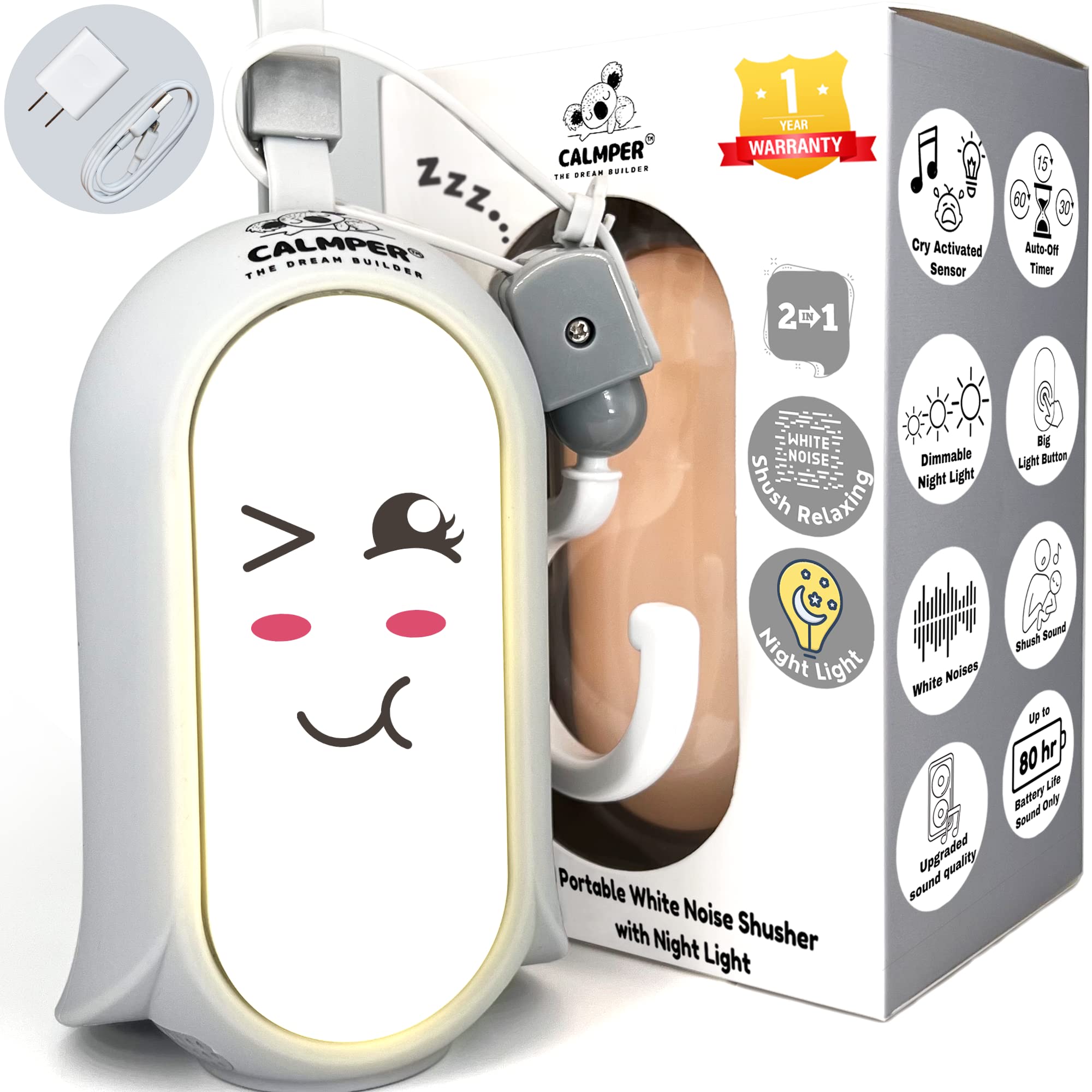 Calmper Portable Sound Machine for Baby Sleeping with nightlight – 80H Continuous Shushing White Noises - 3 Auto-Off Timers - Sound Sensor Auto-On - Night Light for Kids - Baby Essentials (Gray)