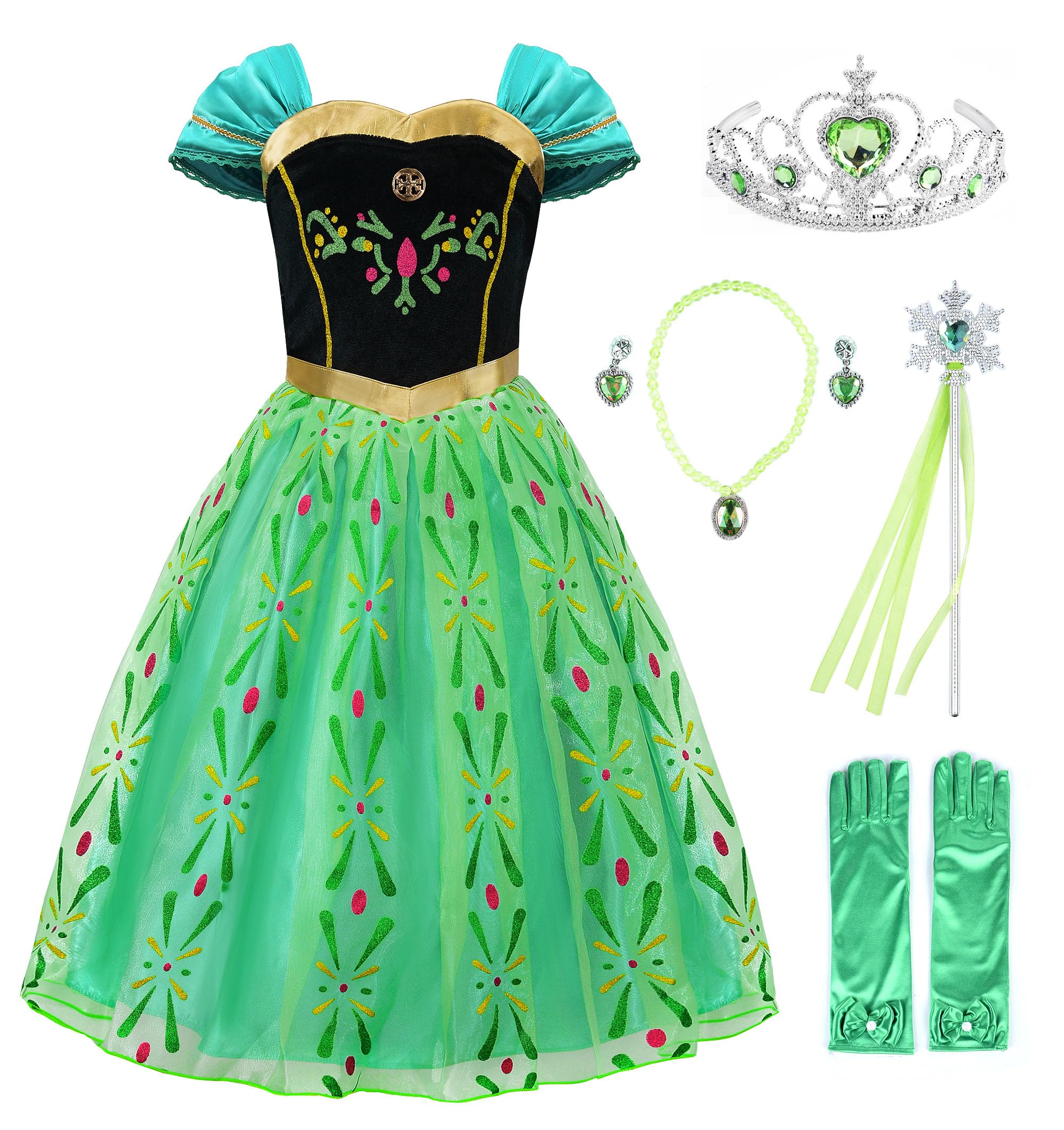 JerrisApparel Girls Princess Costume Snow Party Halloween Cosplay Fancy Dress (7, Green with Accessories)