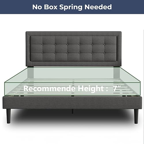 IULULU Full Bed Frame, Upholstered Platform Bed Frame with Linen Fabric Headboard, Full Size Mattress Foundation with Wooden Slats Support, Easy Assembly, No Box Spring Needed, Dark Grey