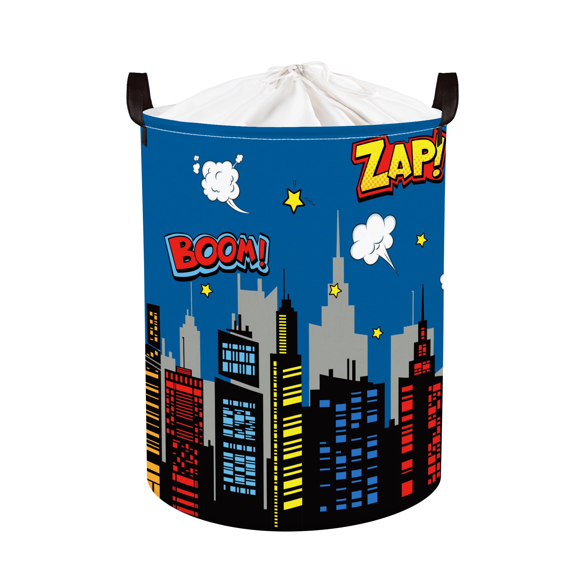 Clastyle 45L Large Blue City Hero Skyline Kid Laundry Hamper with Handle Comic Hero Building Silhouettes Clothes Toy Boys Basket with Lid for Nursery