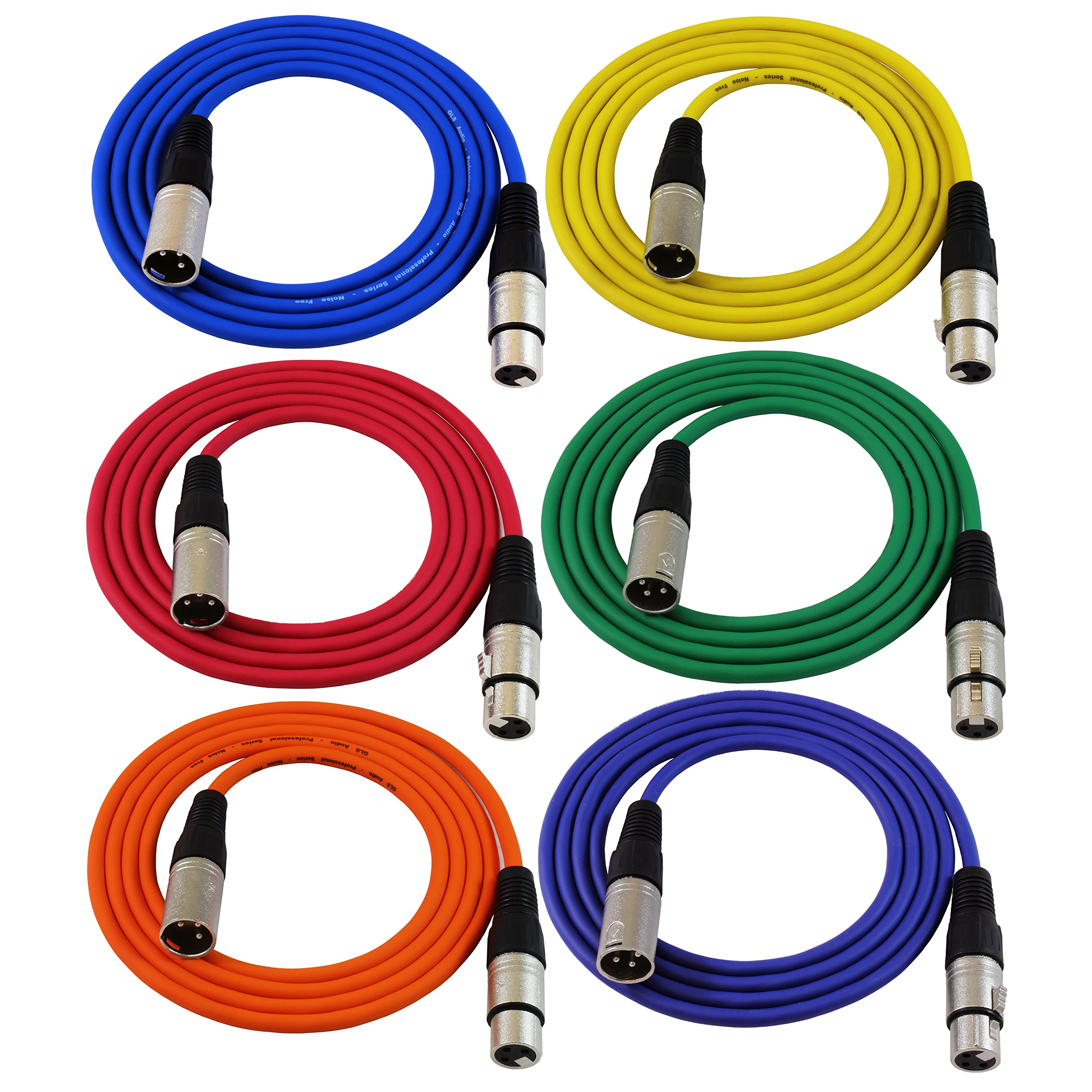 GLS Audio 6ft Patch Cable Cords - XLR Male to XLR Female Color Cables - 6' Balanced Snake Cord - 6 Pack