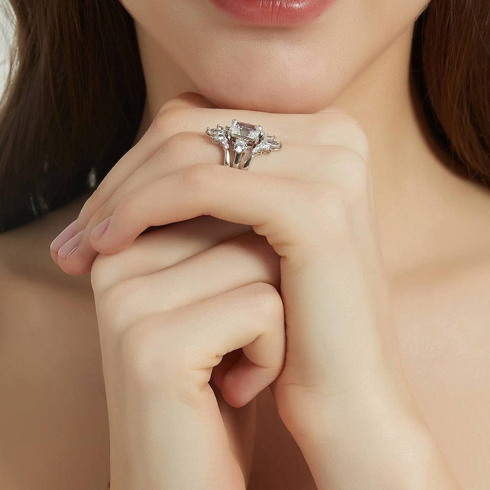 BERRICLE Sterling Silver 3-Stone Wedding Engagement Rings Emerald Cut Cubic Zirconia CZ 7-Stone Ring Set for Women, Rhodium Plated Size 7