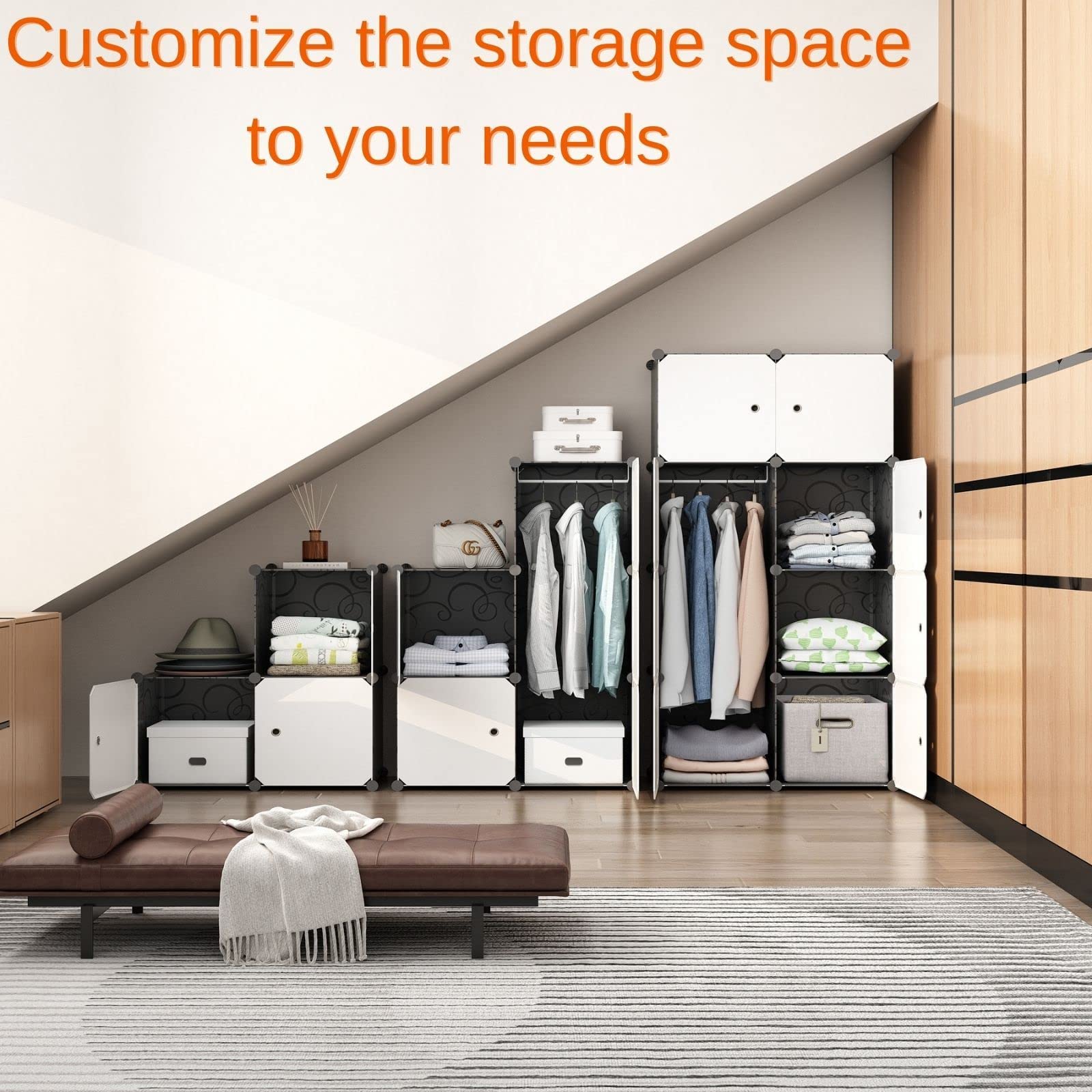 MAGINELS Portable Wardrobe Closets - 14"x18" Depth (16 Cubes) Cube Storage, Bedroom Armoire, Wardrobe Storage Closet, Clothes Dresser, Closet Storage Organizer, Black