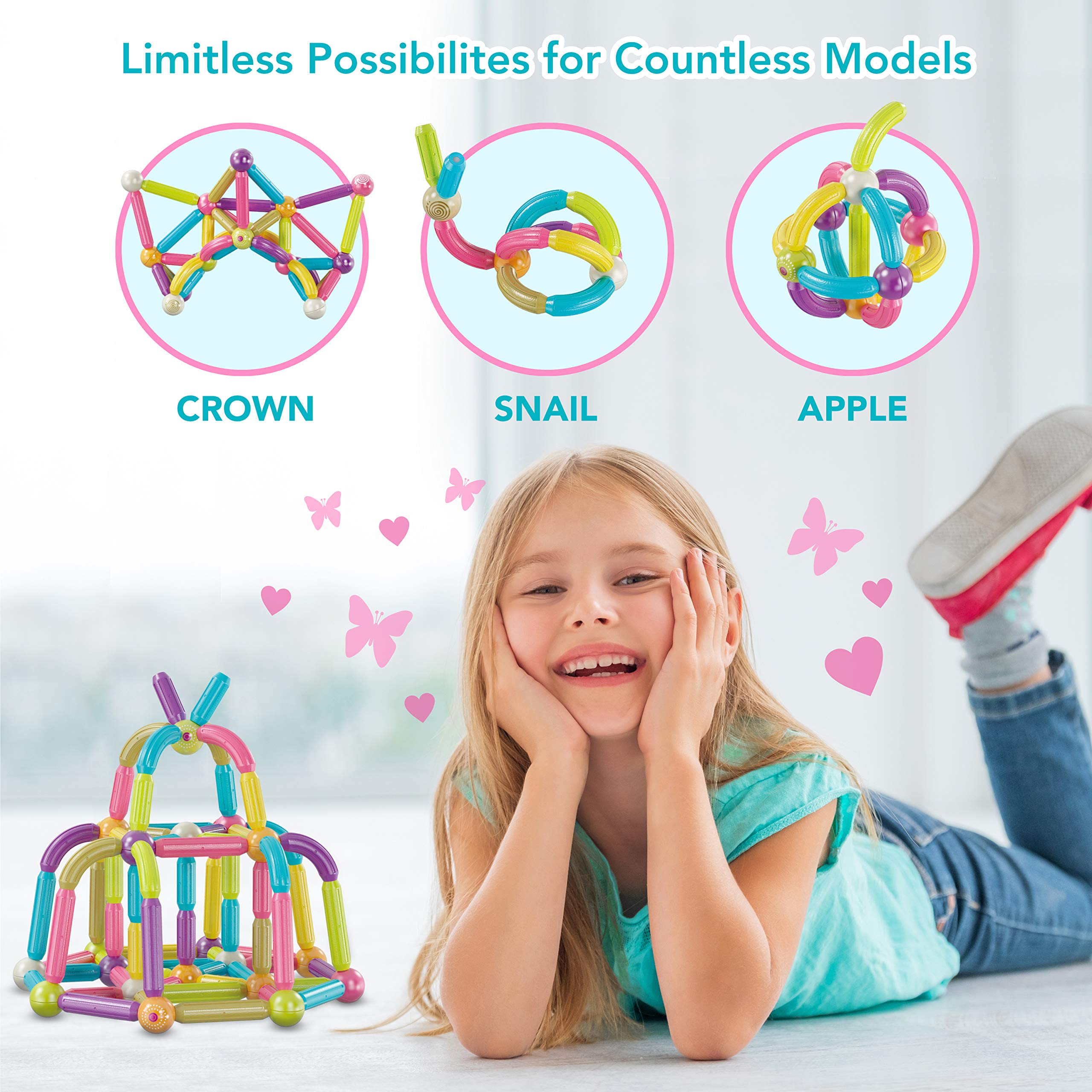 Magnetic Balls and Rods Set | 34 PCS Educational Magnet Building Blocks – Vibrant Colors, Different Sizes & Curved Shapes + Instructions Manual – Developmental STEAM Toys for Boys & Girls 3 4 5 6 7