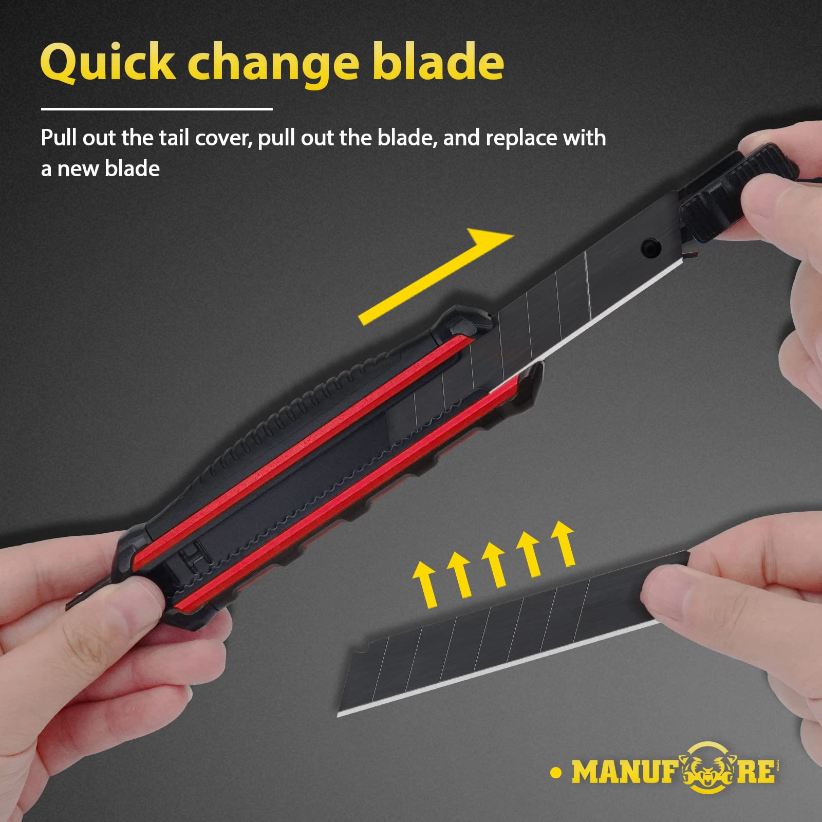 MANUFORE 18mm Utility Knife Heavy Duty Aluminum Alloy Snap-off knife with 10pcs Spare SK5 Steel Ultra Sharp Black Blade for Cutting Paper, Carpet, Cardboard Blue