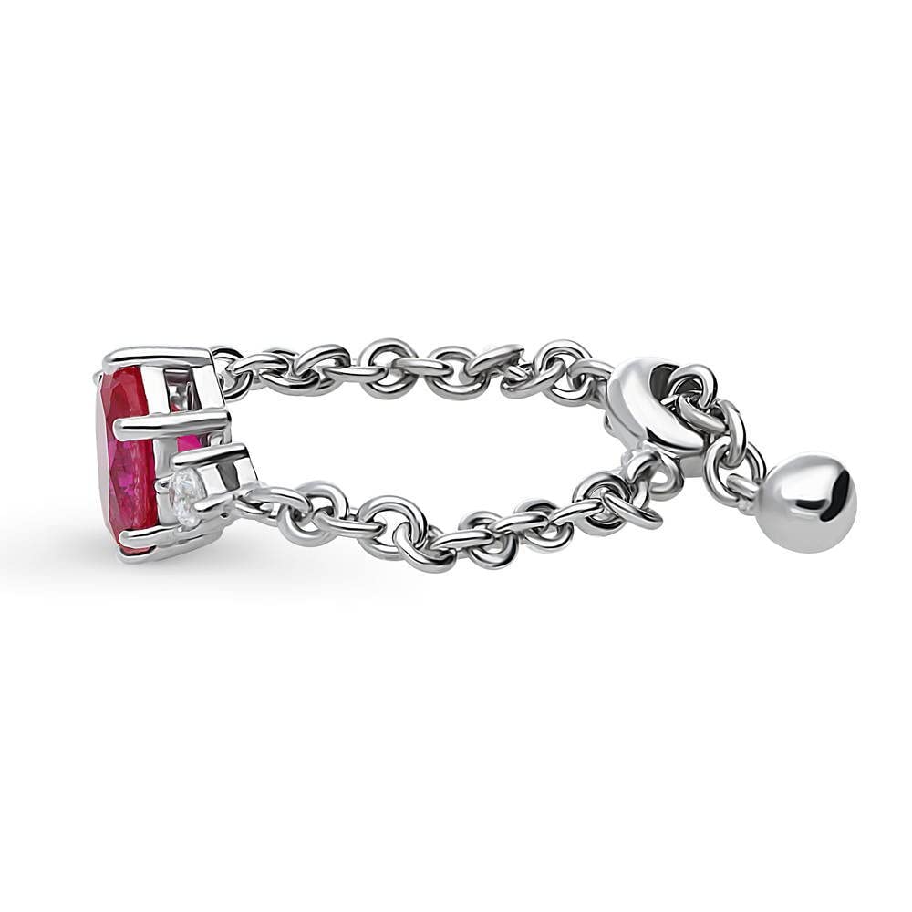 BERRICLE Sterling Silver 3-Stone Simulated Ruby Oval Cut Cubic Zirconia CZ Fashion Anniversary Chain Ring for Women, Rhodium Plated