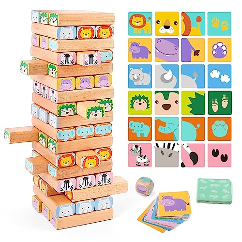 Nene Toys Wooden Block Stacking Game – 4-in-1 Tumble Tower Family Board Game with Building Blocks, Cards and Dice – African Safari Educational Wooden Toy for Kids 3-9 Years Old About Animals