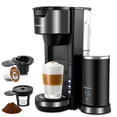 Single Serve Coffee Maker with Milk Frother, 2-In-1 Cappuccino Coffee Machine for K Cup Pod and Ground Coffee, Single Cup Brewer Compact Latte Maker with 30 oz Detachable Reservoir, Black