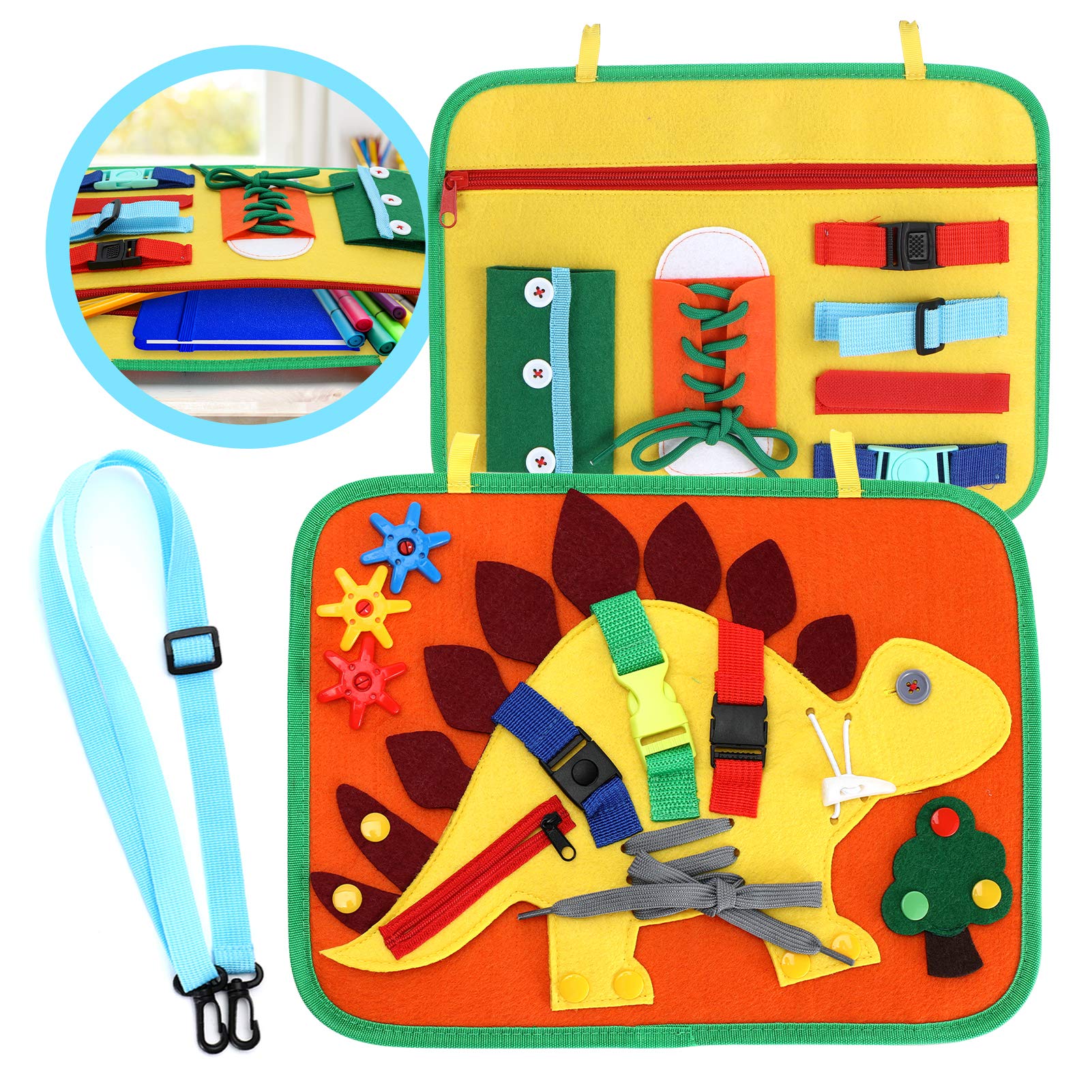 LESONG Dinosaur Busy Board - Preschool Basic Skills Montessori Toys for Toddlers 3 4 Years Old for Fine Motor Skills & Educational Learning Toys - Sensory Toy for Airplane or Car