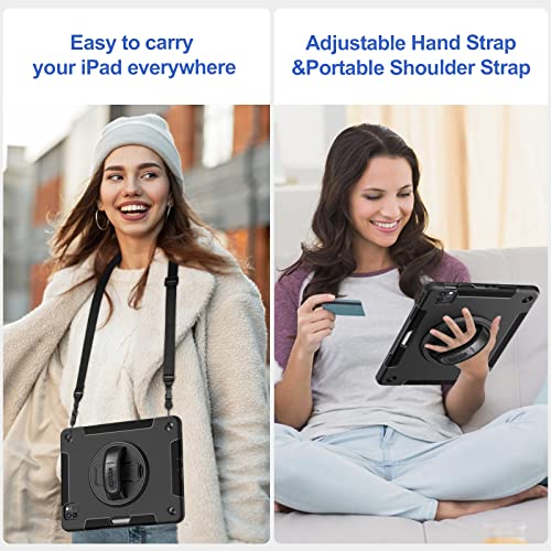 GEEKSDOM iPad Pro 12.9 Case: Military Grade Heavy Duty Shockproof iPad Pro 12.9 case 6th Generation 2022/5th Gen 2021-Pencil Holder-Hand/Shoulder Strap-Rotating Stand-Black