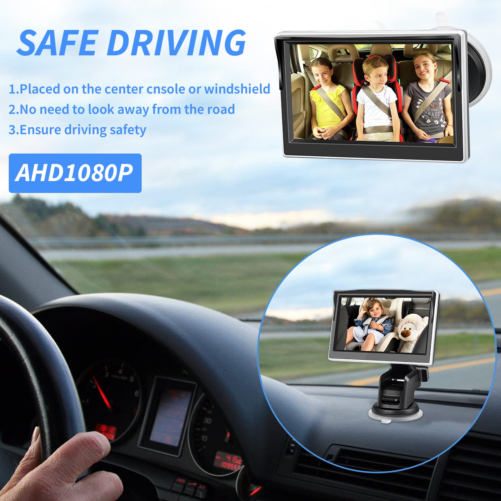 EMSIKC 5 Inch AHD Baby Car Mirror,1080P Sucker Bracket Monitor Display with Infrared Night Vision Function Baby Car Camera,View Infant in Rear Facing Seat with 150°Wide View