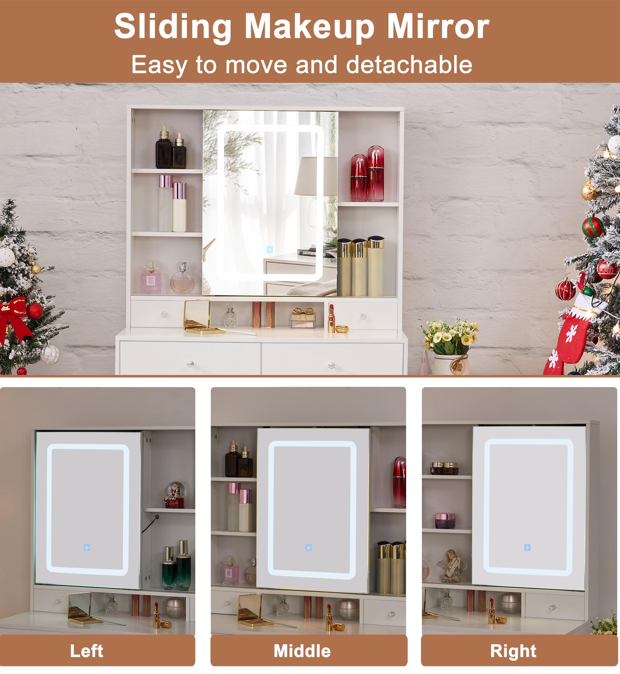 BEWISHOME Vanity Desk, White Vanity with Charging Station & Nightstand, Makeup Desk Makeup Vanity with Lights with 3 Colors Modes, Makeup Table Vanity Table with Sliding Mirror Dressing Table FST19W