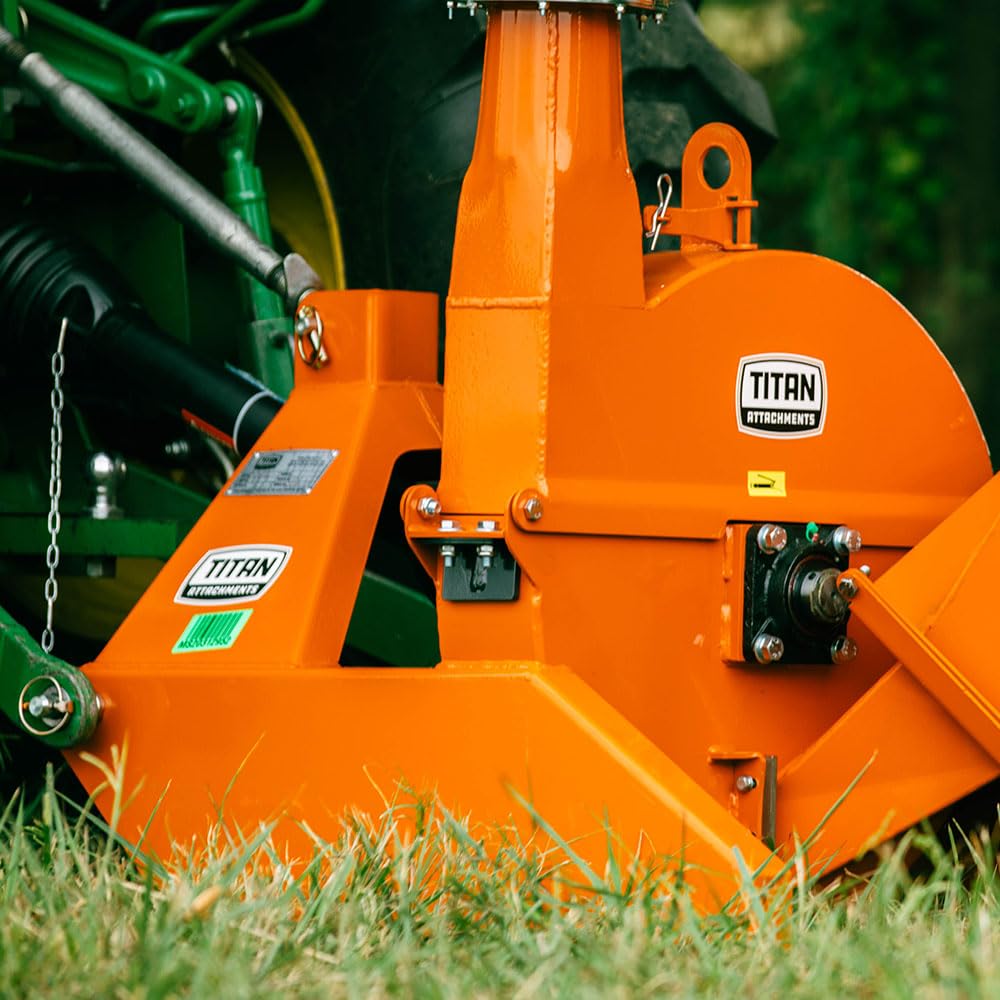 Titan Attachments 3 Point Wood Chipper, PTO Driven for Tractors Up to 70HP, 3 Point Hitch Mounting, Self-Feeding Chute, Adjustable Discharge, Reversible Blades, Shredder Mulcher Operates at 540 RPM