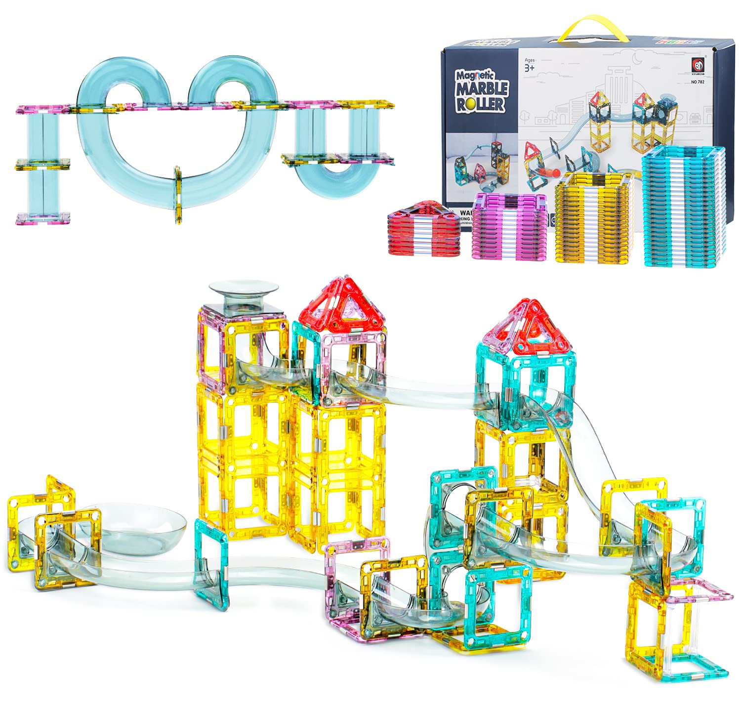 Magnetic Tiles Building Blocks for Kids, Marble Run Race Track Magnet Building Toys Educational Stem Toys for Age 3 4 5 6 7 8+ Year Old Girls Boys Birthday Gift Yellow (Standard Edition 74PCS)