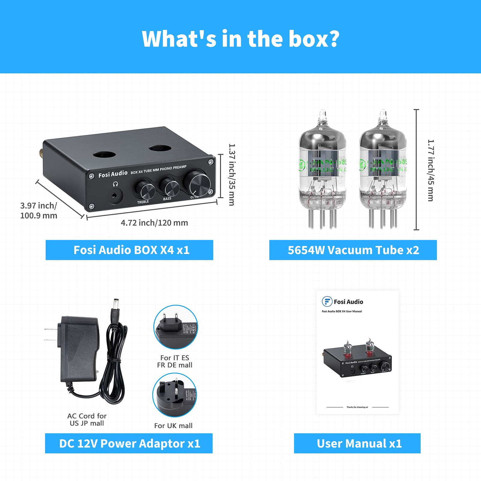 Fosi Audio Box X4 Phono Preamp with JAN 5654W Vacuum Tubes for MM Turntable Phonograph Record Player with Volume Bass Treble Control