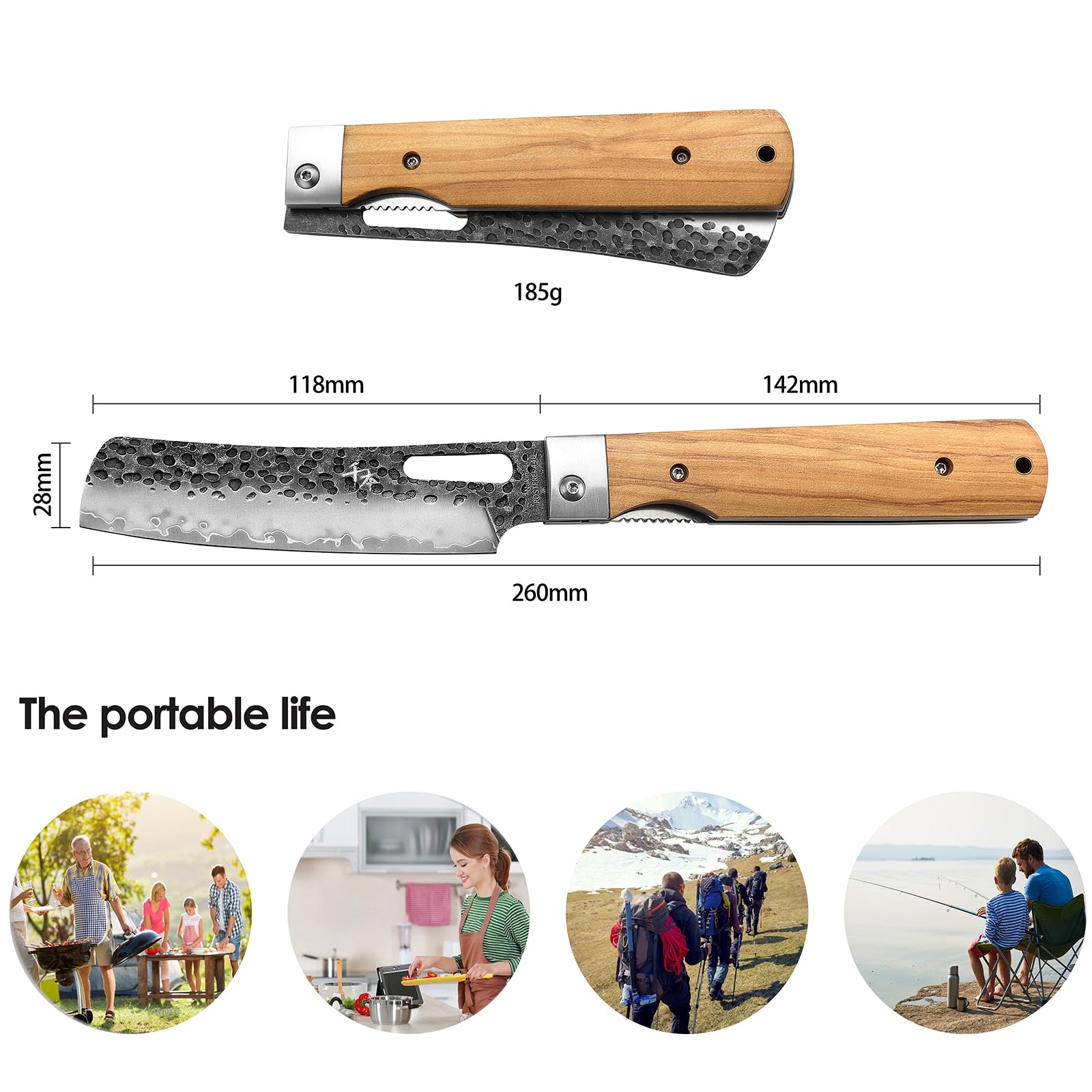 SENBON Forged 440 Stainless Steel Super Sharp Pocket Folding Chef Knife Peeling Practical Knife Fruit Knife Natural Olive Handle Camping Barbecue Outdoor Portable Kitchen Knife