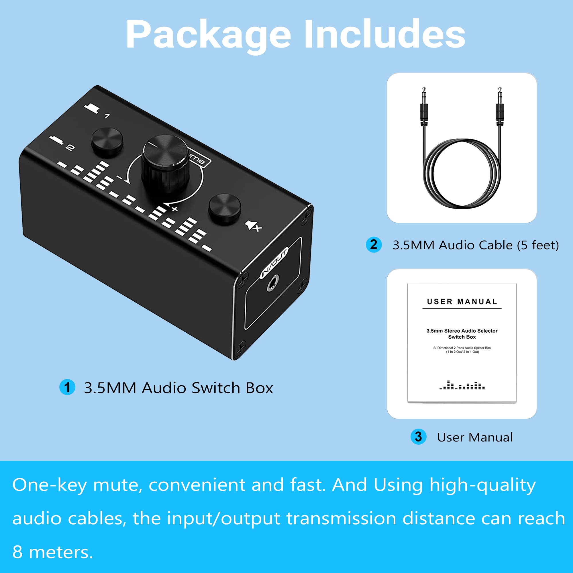 avedio links Audio Switcher Bi-Directional, 2 Way 3.5mm Aux Audio Switch Selector Box, 2 Port Audio Sharing Box, Volume Adjustable, One Key Mute for MP3, Speaker, Headphone, PC (2 in 1 Out/1 in 2 Out)