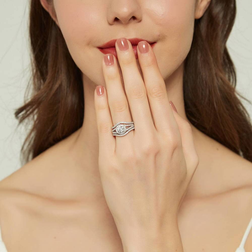 BERRICLE Sterling Silver Halo Wedding Engagement Rings Round Cubic Zirconia CZ Split Shank Ring Set for Women, Rhodium Plated Size 8