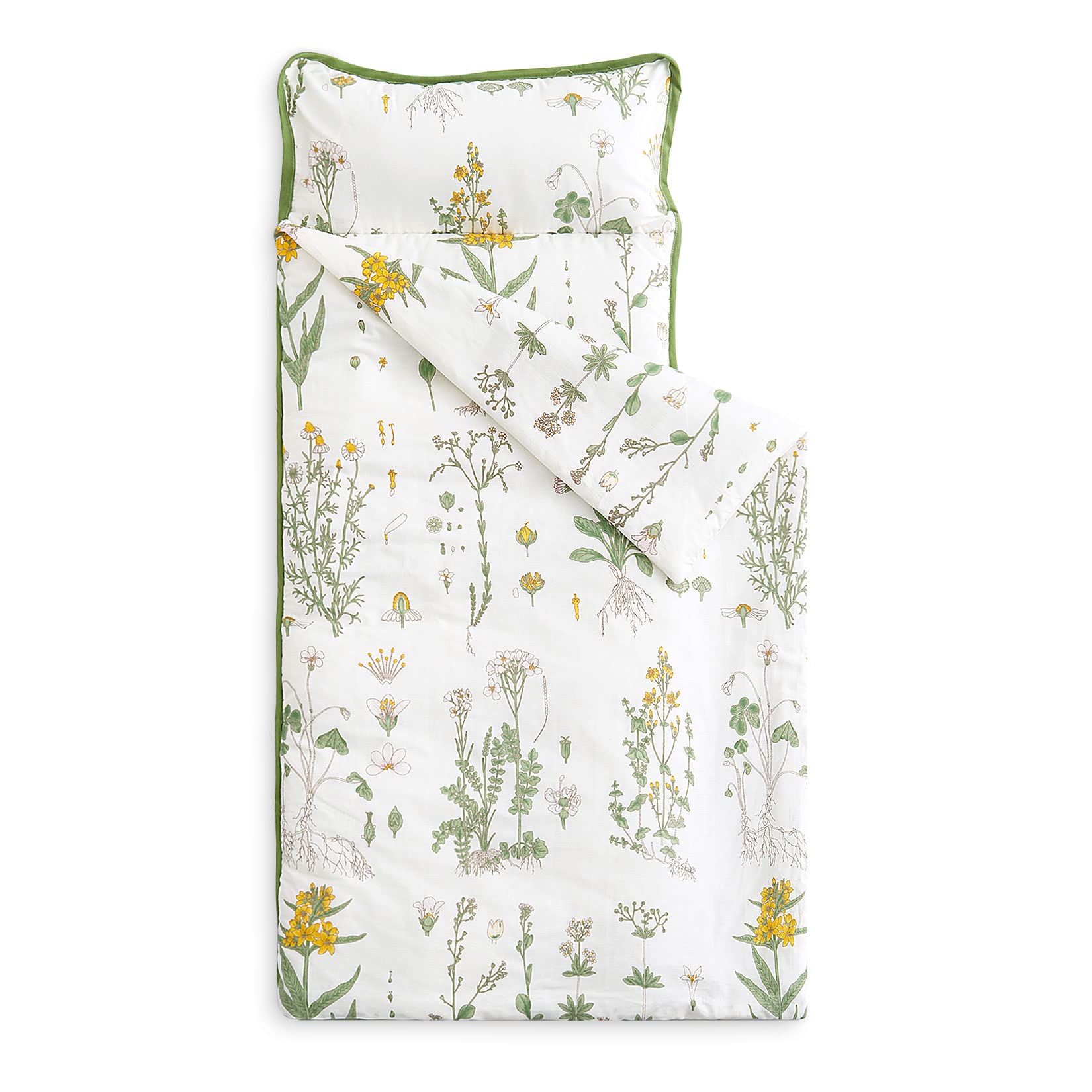 Wake In Cloud - Nap Mat with Removable Pillow for Kids Toddler Boys Girls Daycare Preschool Kindergarten Sleeping Bag, Floral Pattern Printed on White, 100% Cotton with Microfiber Fill