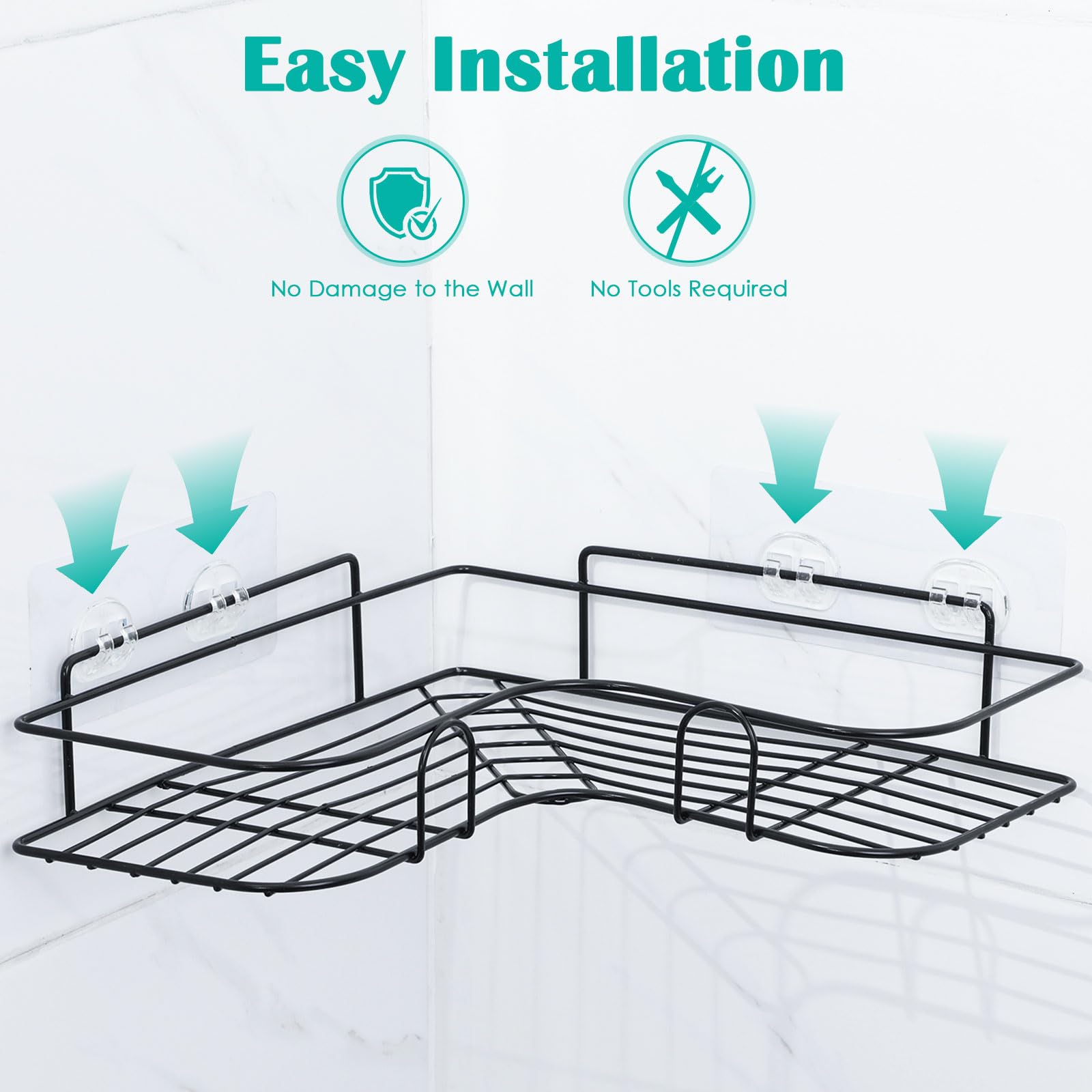 FoldTier 12 Pack Shower Caddy 12.5 Inch Large Capacity Shower Organizer, Sturdy Adhesive Shower Shelf for Inside Shower, Rustproof Stainless Steel Shower Shelves with 14 Hooks, Black