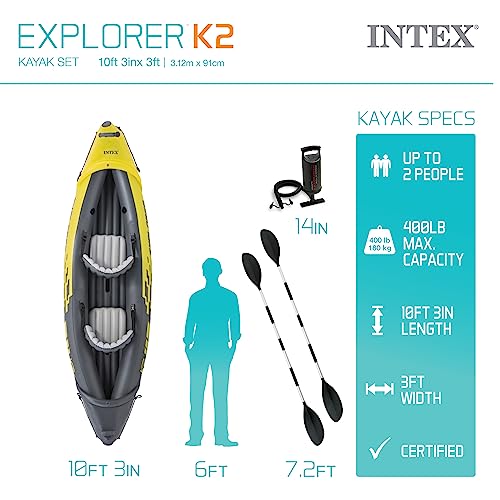 INTEX 68307EP Explorer K2 Inflatable Kayak Set: Includes Deluxe 86in Aluminum Oars and High-Output Pump β SuperStrong PVC β Adjustable Seats with Backrest β 2-Person β 400lb Weight Capacity